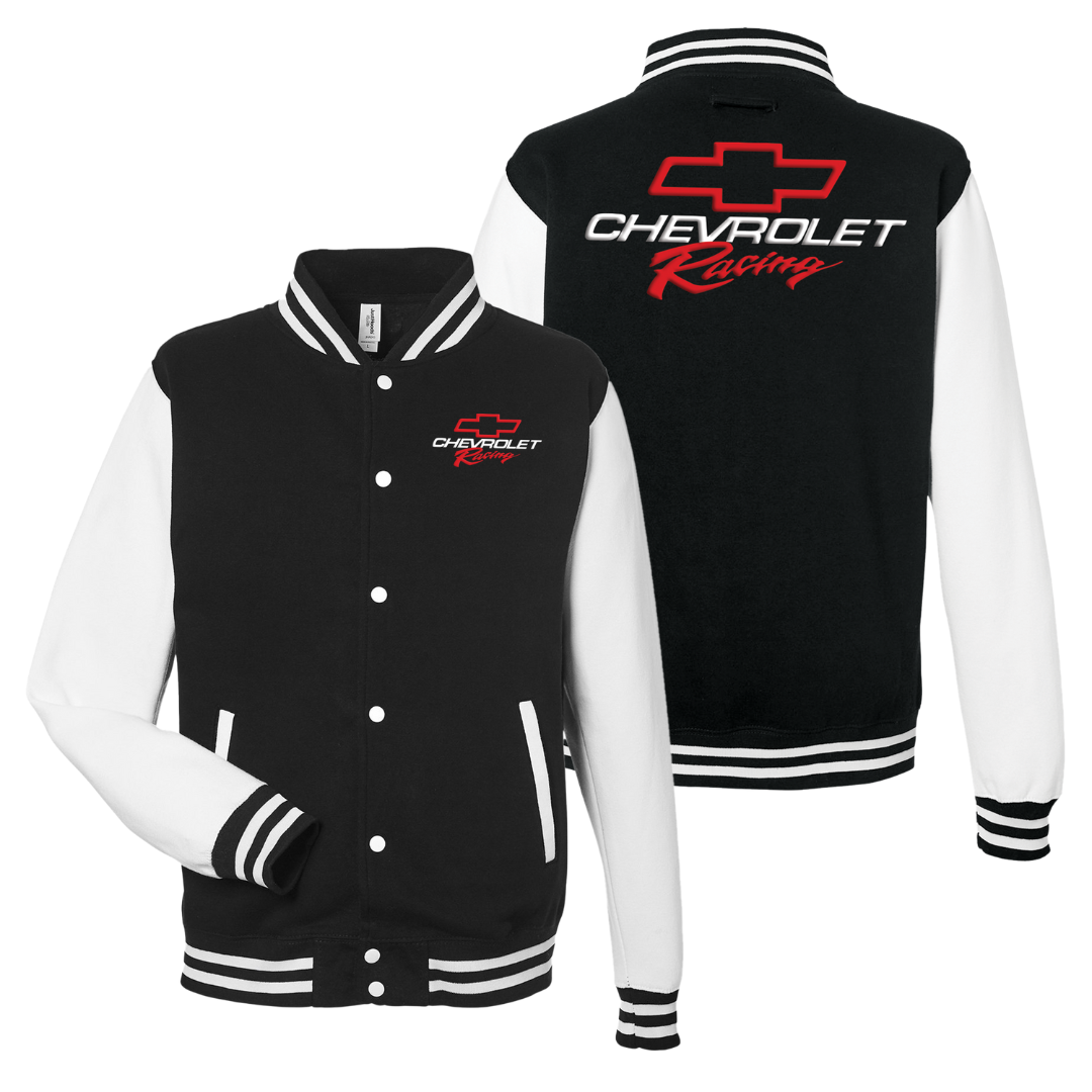 Black and White Chevy Racing Varsity Jacket | Camaro Store Online